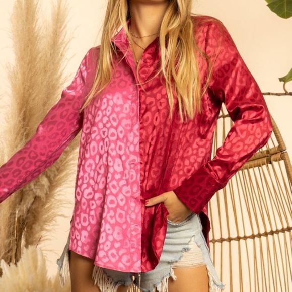 Blue Buttercup | Tops | Split Pink Red Leopard Print Blouse | Poshmark